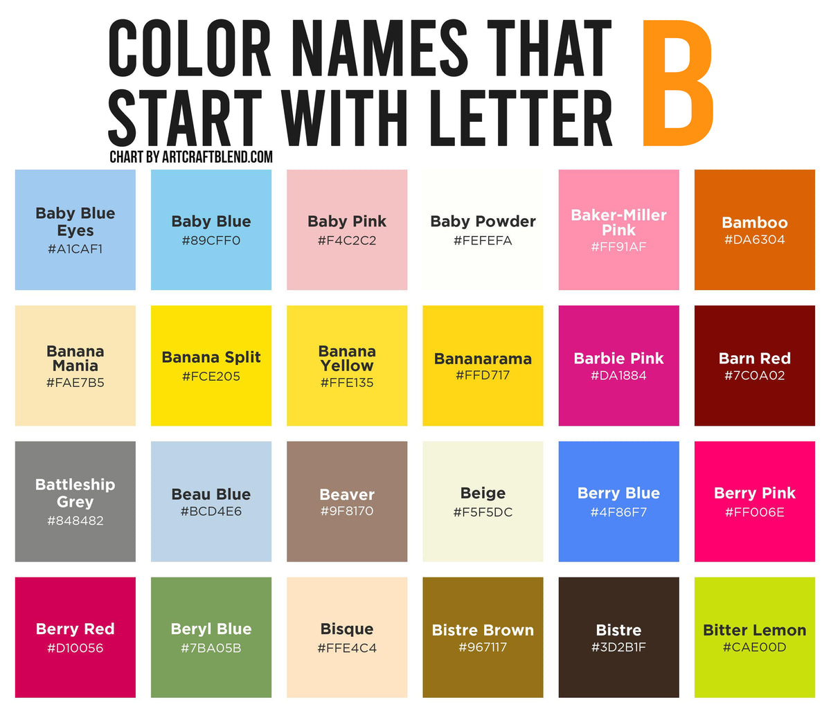 190 Colors That Start With B: Color Names, Hex, RGB, CMYK Codes