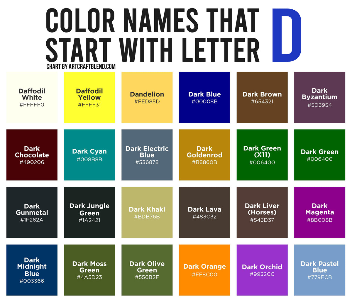 120 Colors That Start With D: Color Names, Hex, RGB, CMYK Codes