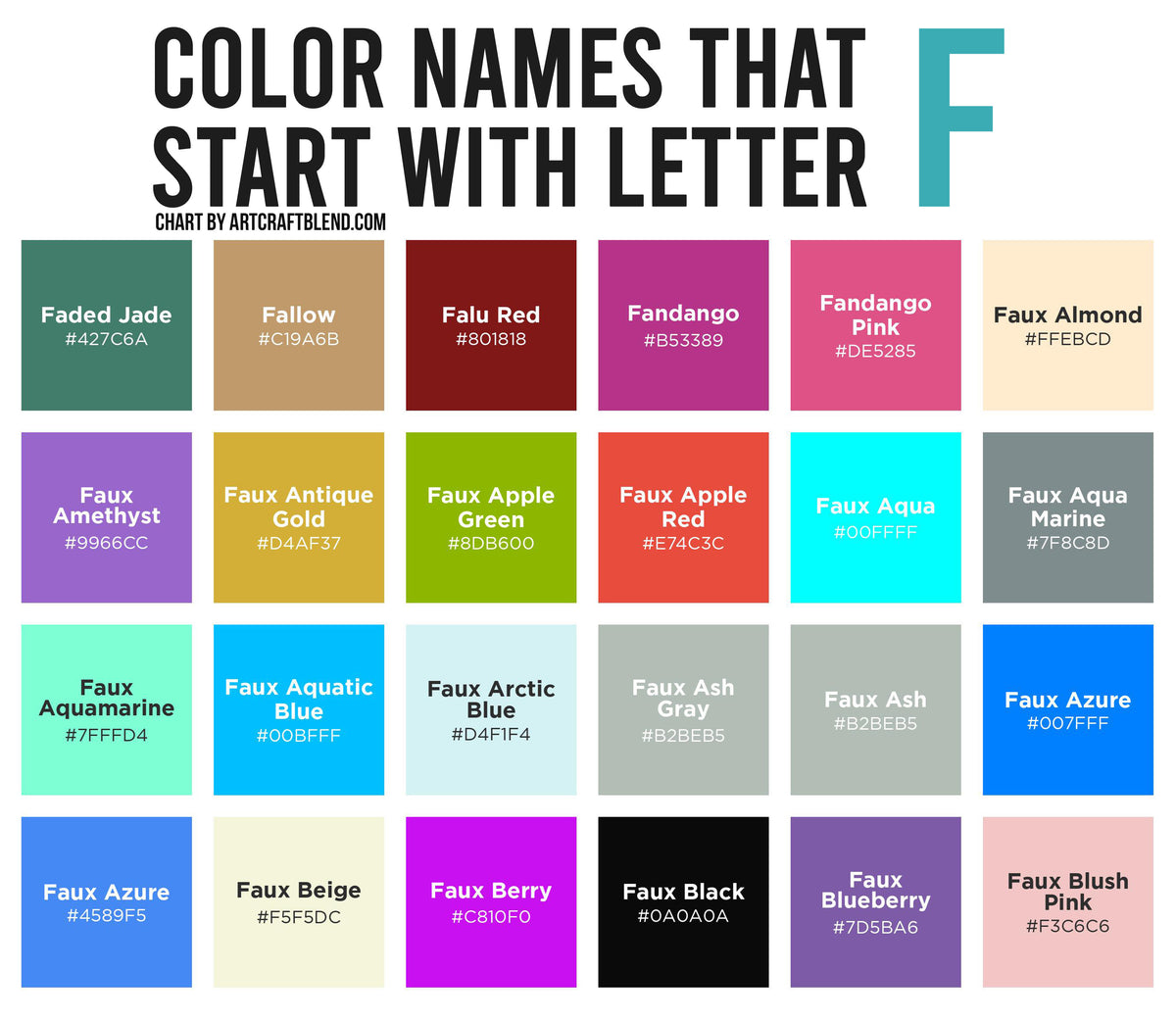210 Colors That Start With F: Color Names, Hex, RGB, CMYK Codes