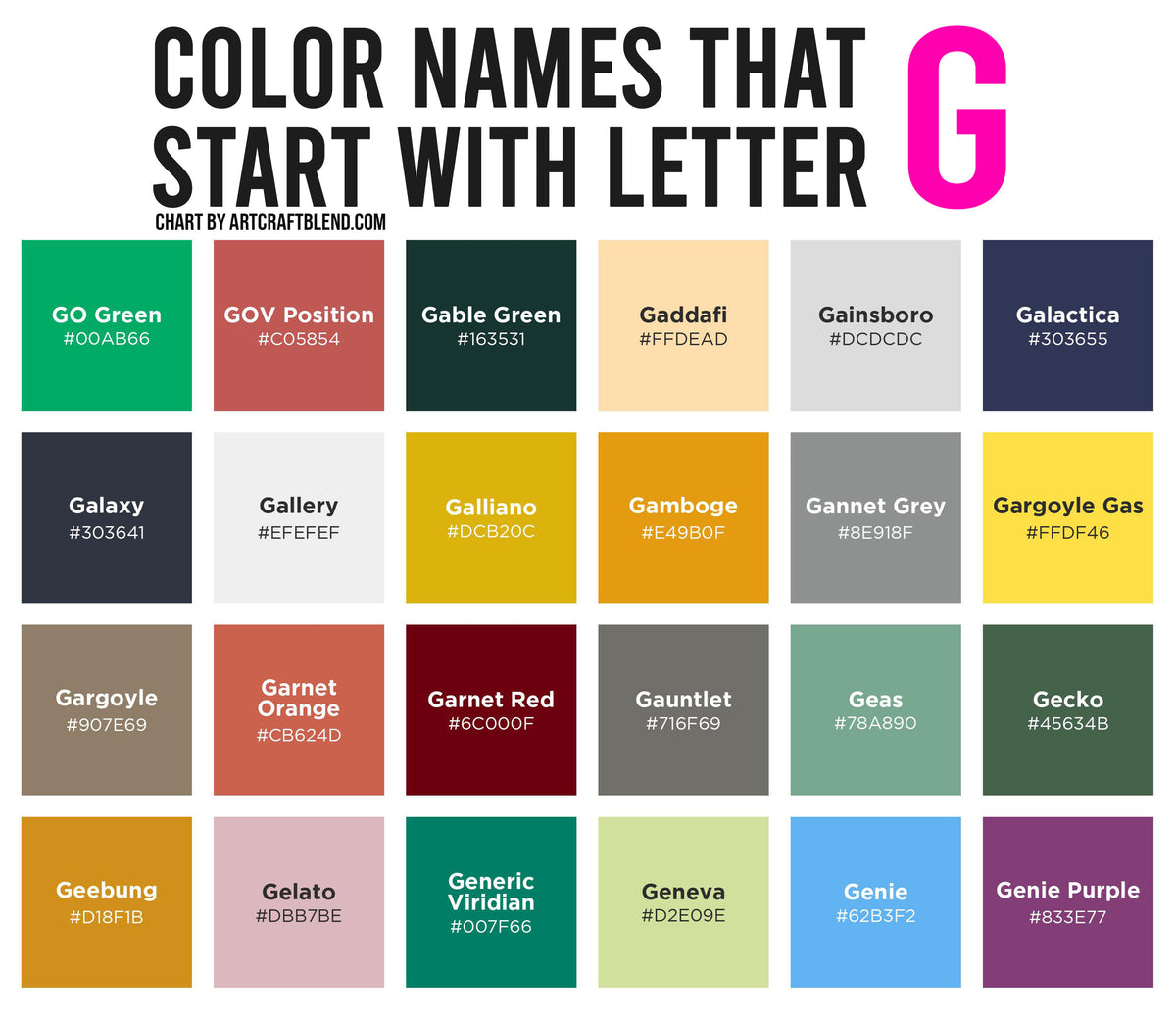 190 Colors That Start With G: Color Names, Hex, RGB, CMYK Codes