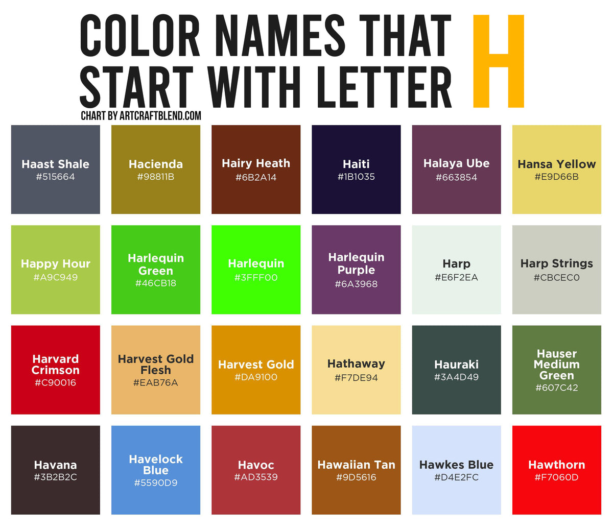 150 Colors That Start With H: Color Names, Hex, RGB, CMYK Codes