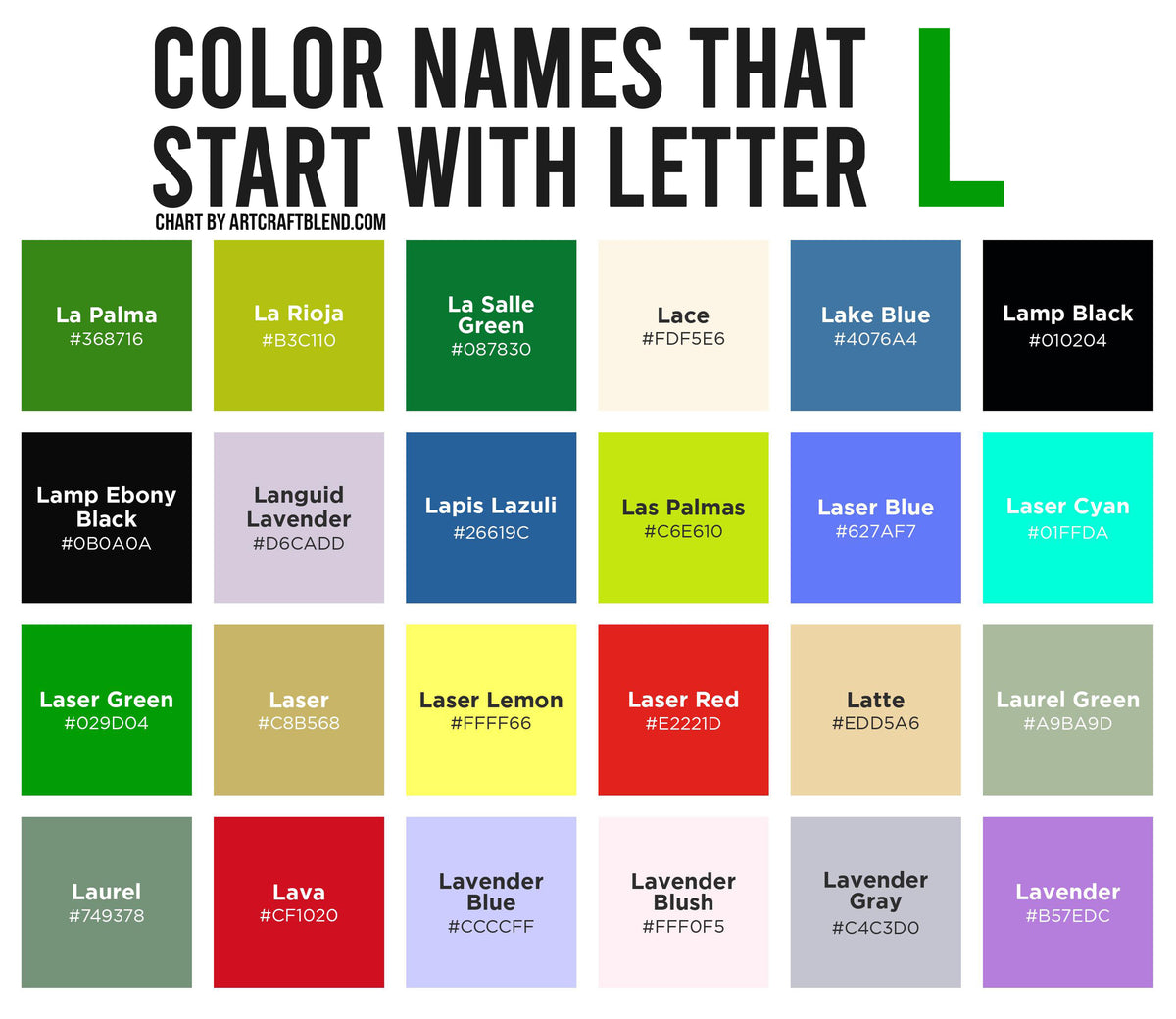 175 Colors That Start With L: Color Names, Hex, RGB, CMYK Codes