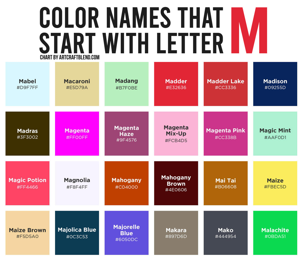 250 Colors That Start With M: Color Names, Hex, RGB, CMYK Codes