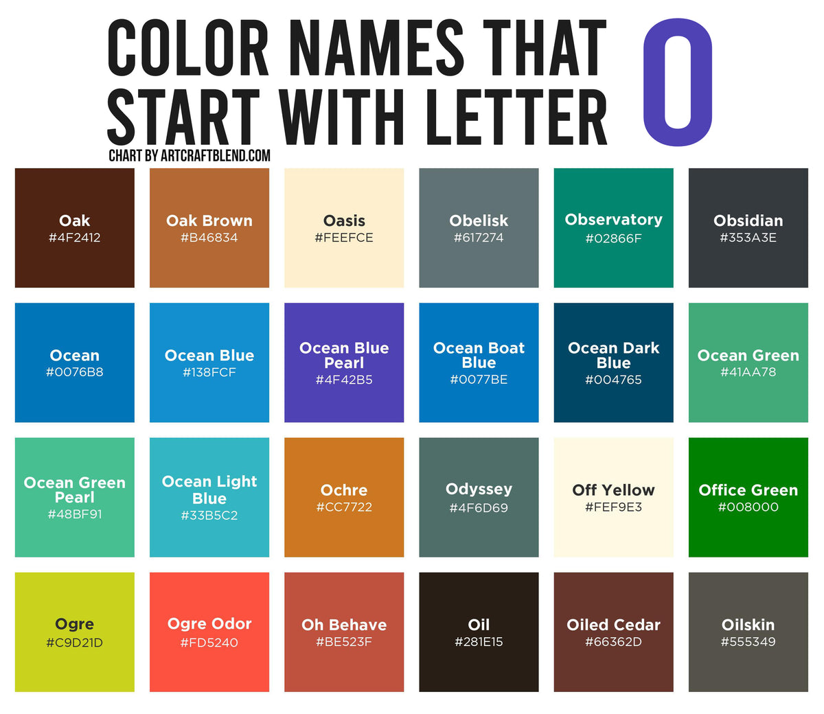 150 Colors That Start With O: Color Names, Hex, RGB, CMYK Codes