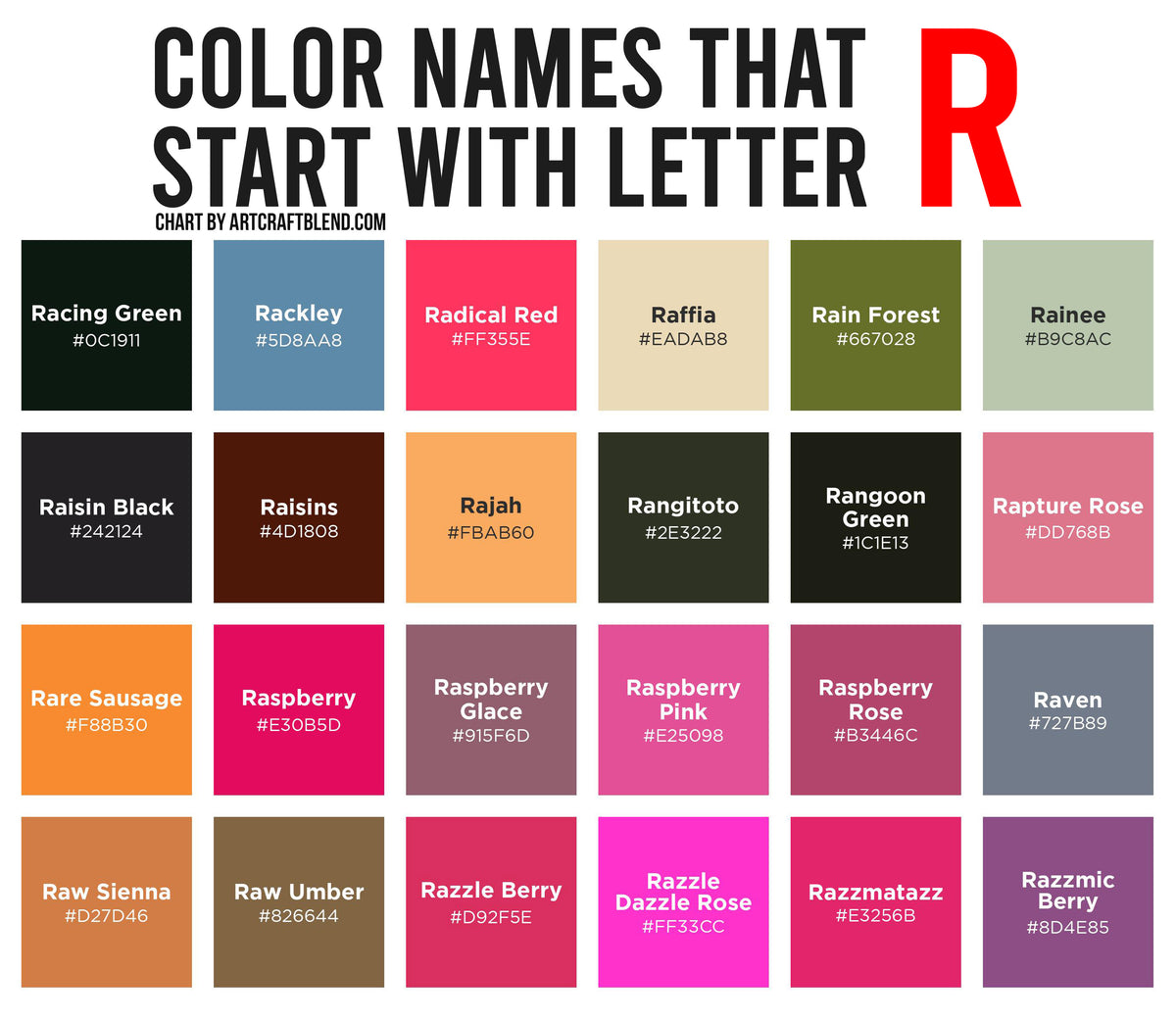 175 Colors That Start With R: Color Names, Hex, RGB, CMYK Codes