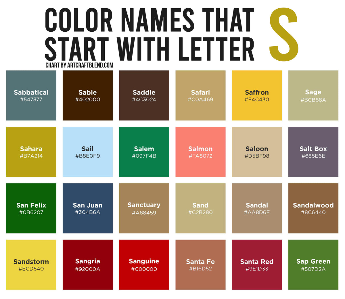 175 Colors That Start With S: Color Names, Hex, RGB, CMYK Codes