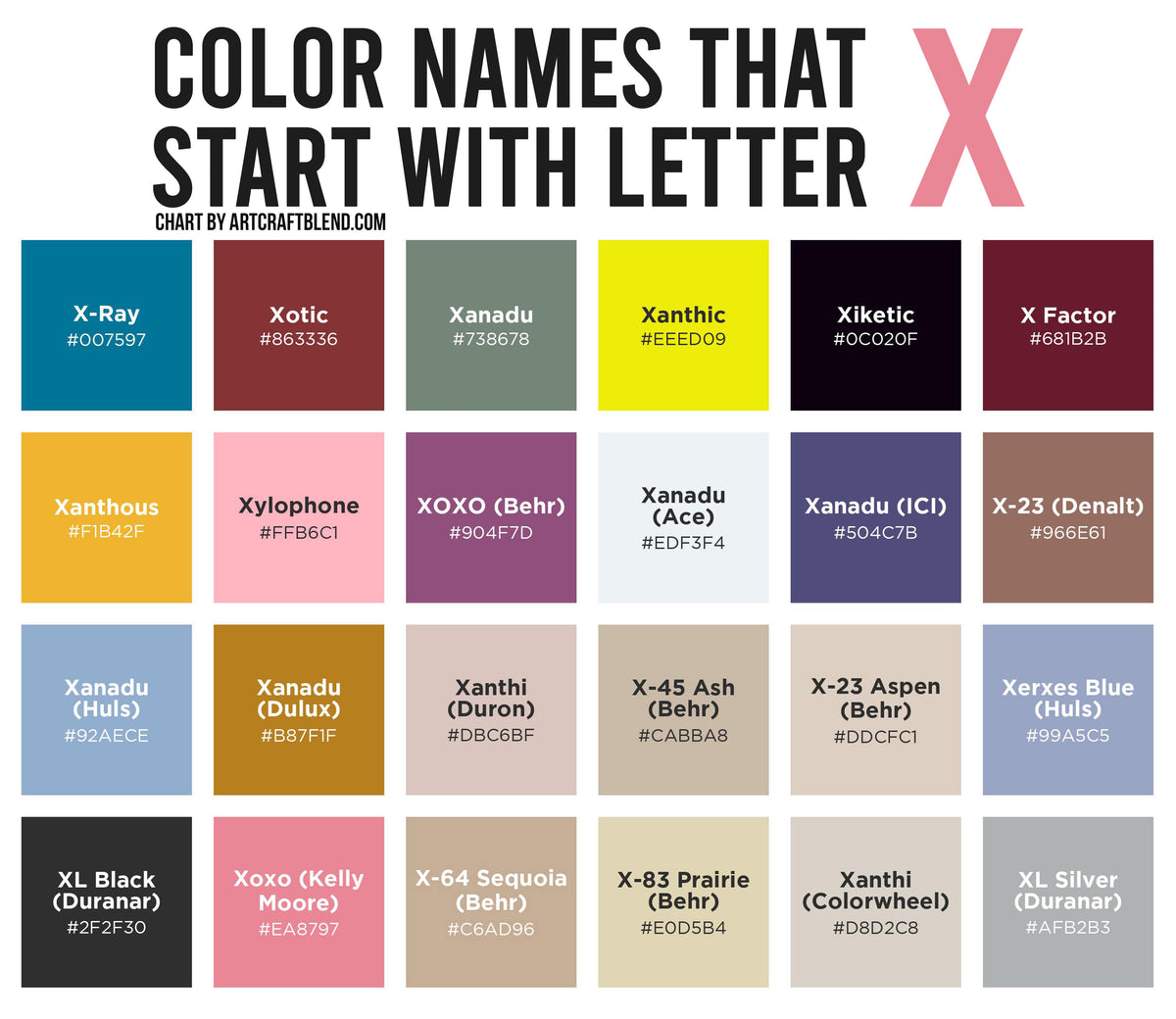 90 Colors That Start With X: Color Names, Hex, RGB, CMYK Codes