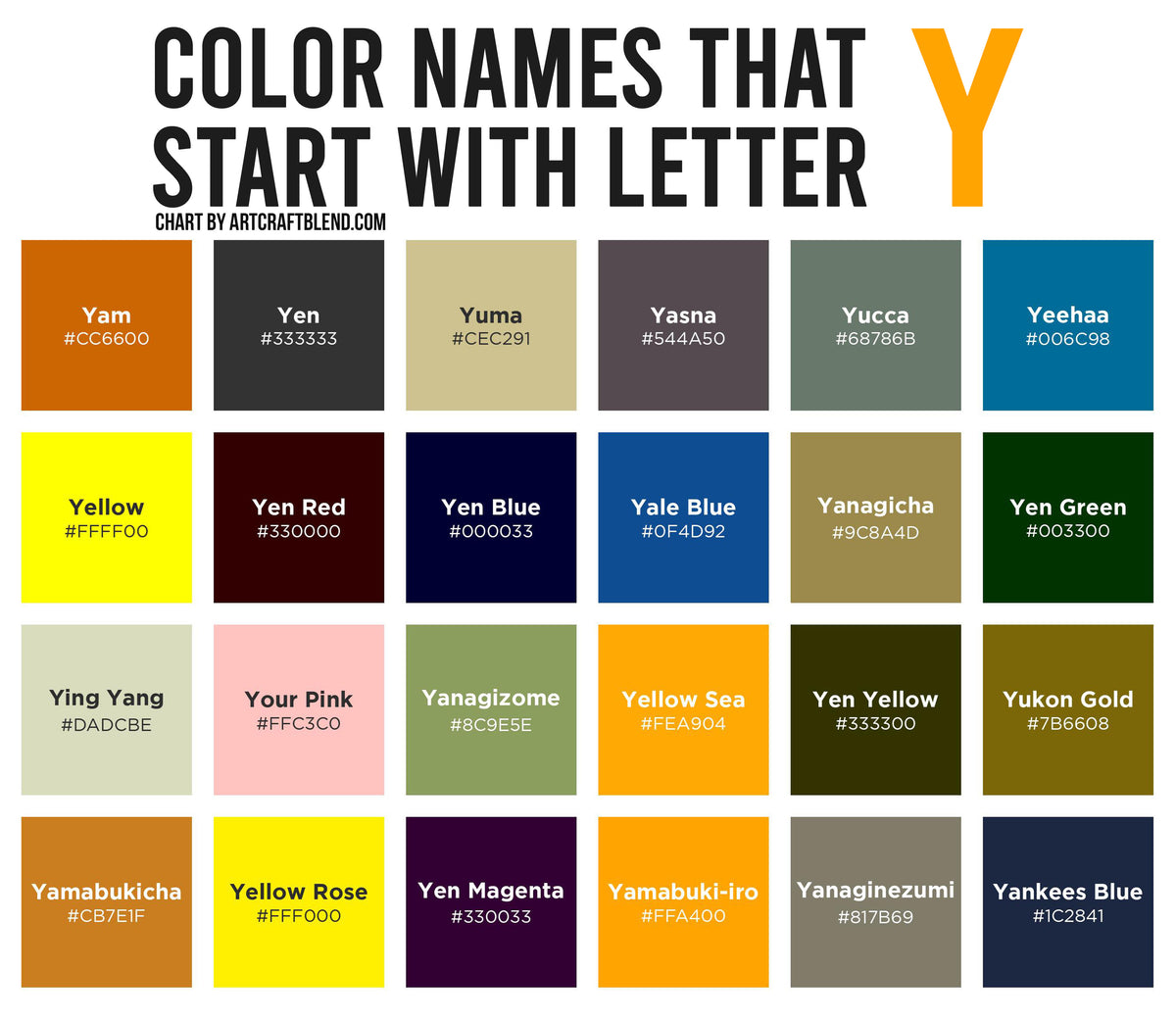 130 Colors That Start With Y: Color Names, Hex, RGB, CMYK Codes