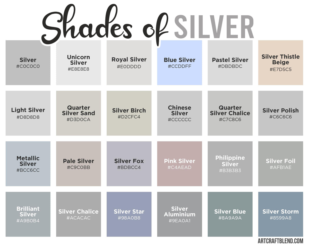 50 Shades of Silver: Color Names, Hex, RGB, CMYK Codes