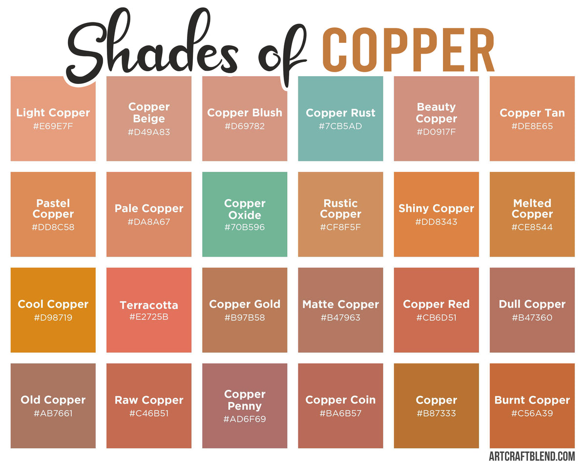 60 Shades of Copper: Color Names, Hex, RGB, CMYK Codes