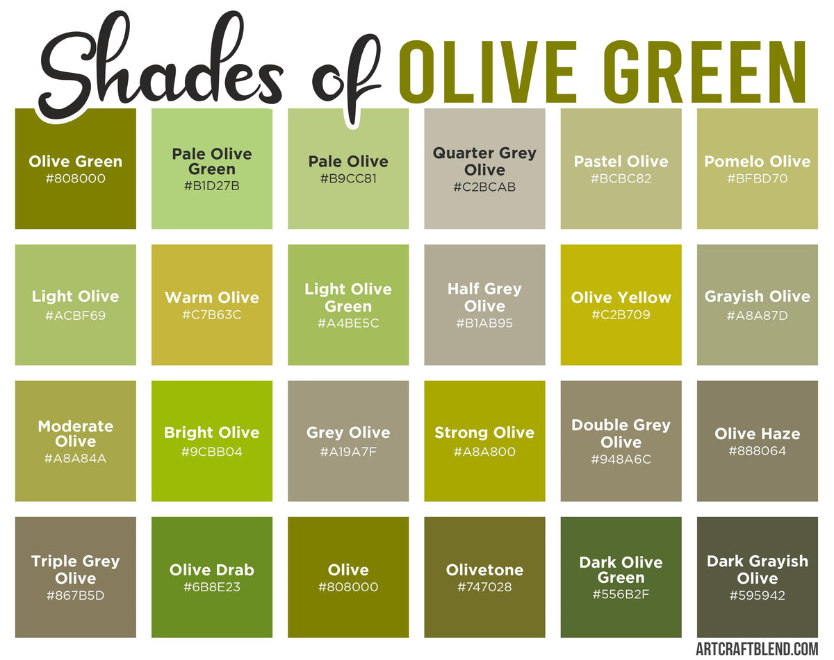 35 Shades of Olive Green: Color Names, Hex, RGB, CMYK Codes